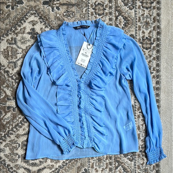 Zara | Tops | Zara Blue Sheer Ruffled Collar Blouse | Poshmark